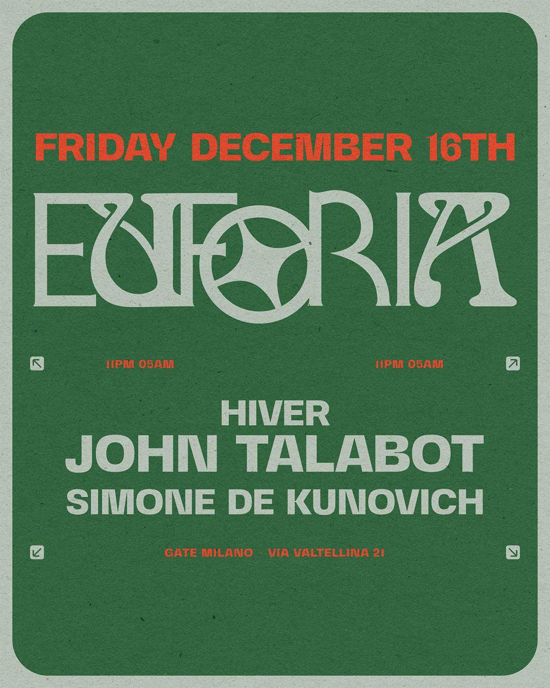 Euforia - John Talabot, Hiver, Simone de Kunovich at Gate Milano, Milan