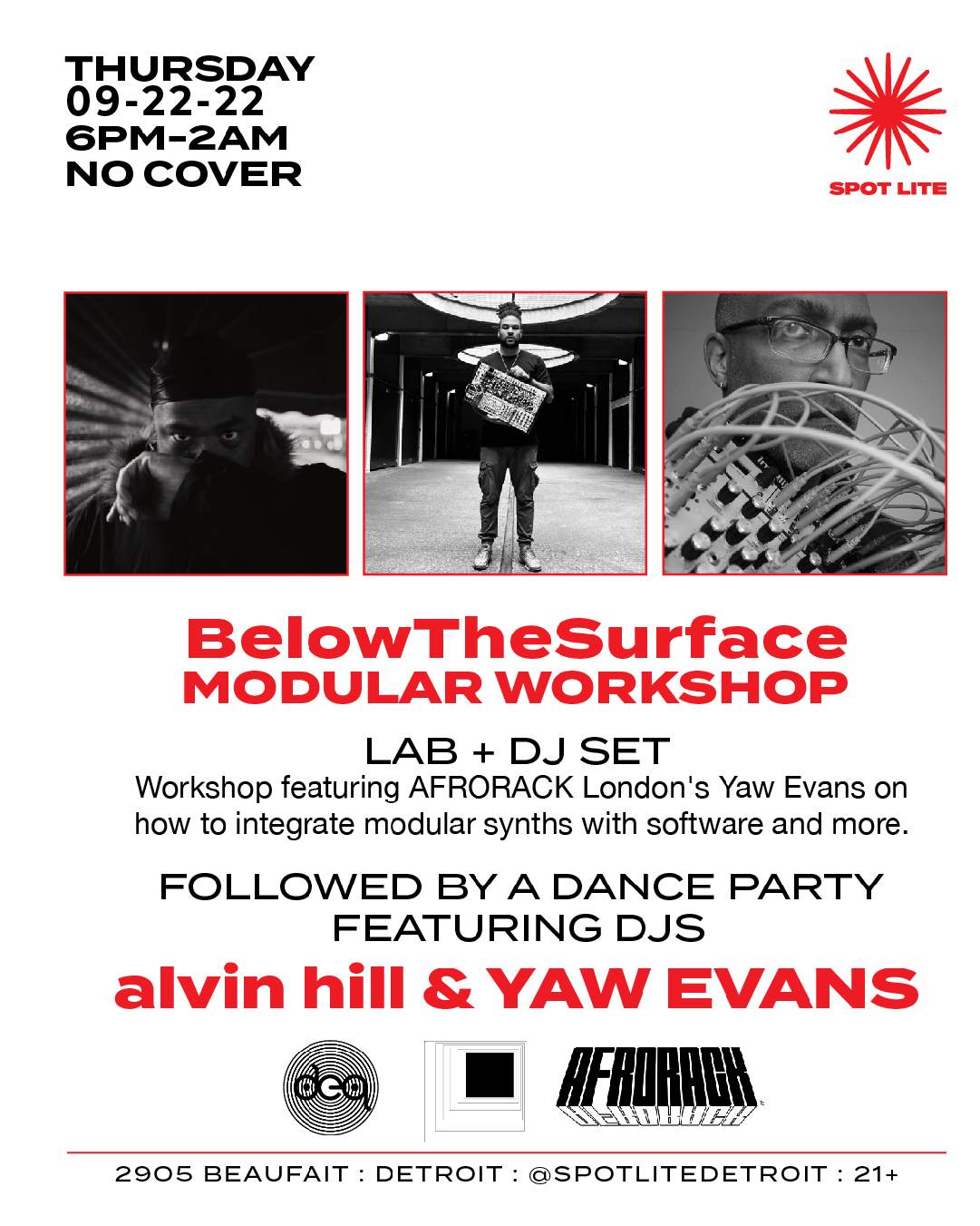 BelowTheSurface Modular Workshop + Dance Party feat. DJs: Alvin Hill & Yaw Evans bei Spot Lite ...