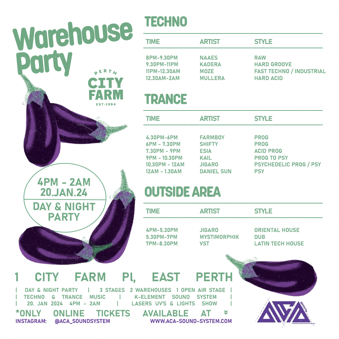 Perth City Farm Warehouse Party at TBA - location: Perth City Farm , Perth