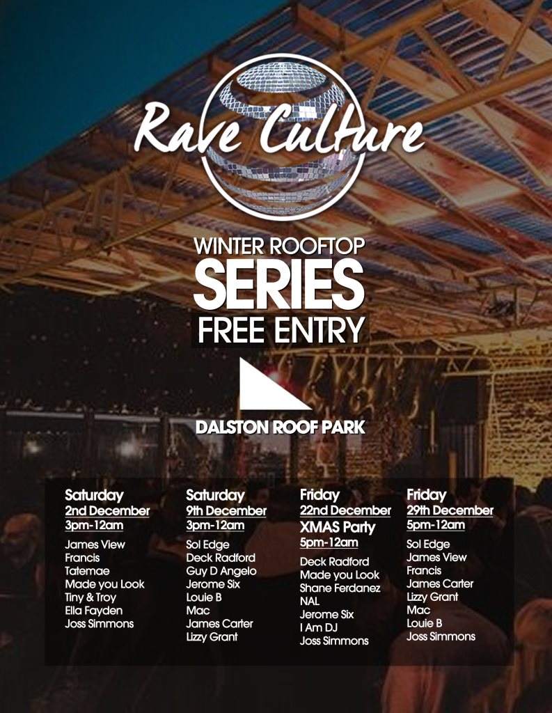 Rave Culture Xmas Party- Winter Rooftop Sessions- Free Entry en Dalston ...
