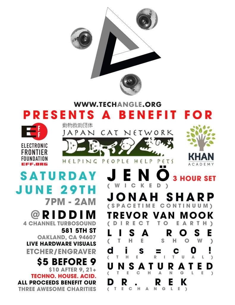 Techangle presents Jenö, Jonah Sharp, Triple Charity Benefit at Riddim, San Francisco/Oakland