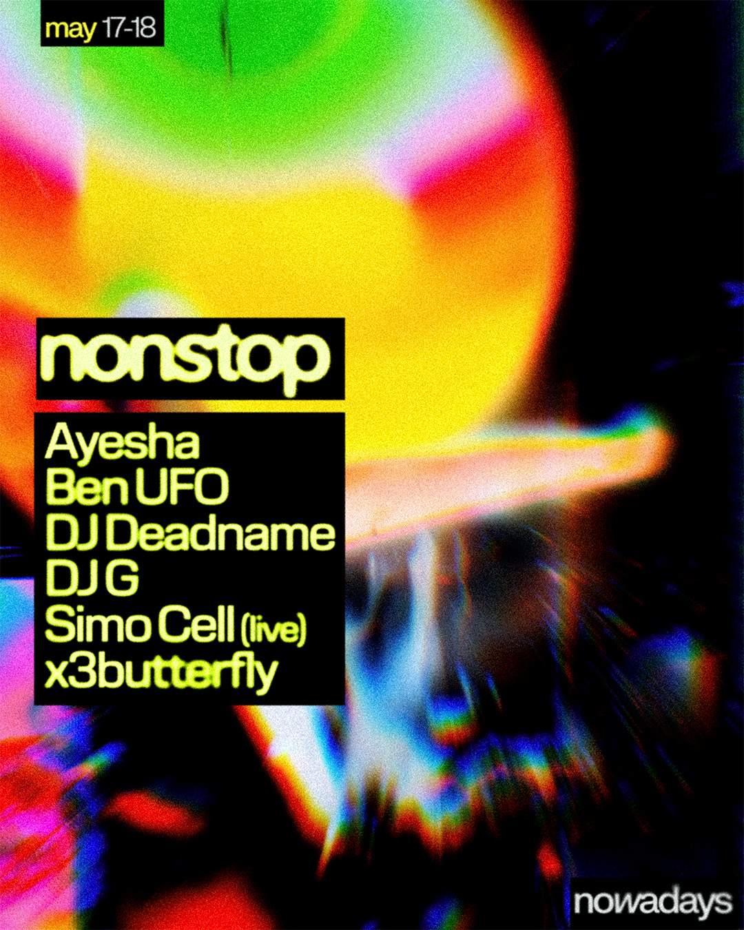 Nonstop: Ayesha, Ben UFO, DJ DEADNAME, DJ G, Simo Cell (live), x3butterfly at Nowadays, New York ...