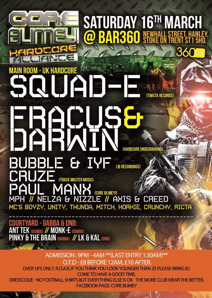Core BLIMEY! feat. Squad-E, Fracus & Darwin, Cruze bei Bar 360, Midlands