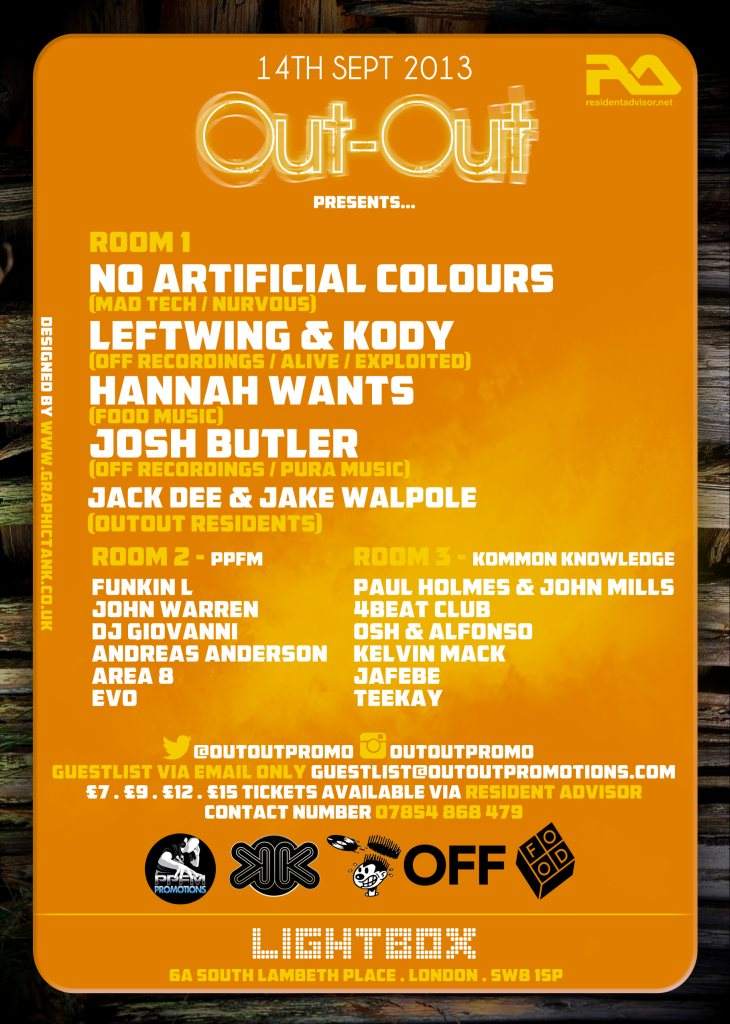 Outout presents No Artificial Colours, Leftwing & Kody, Hannah Wants ...