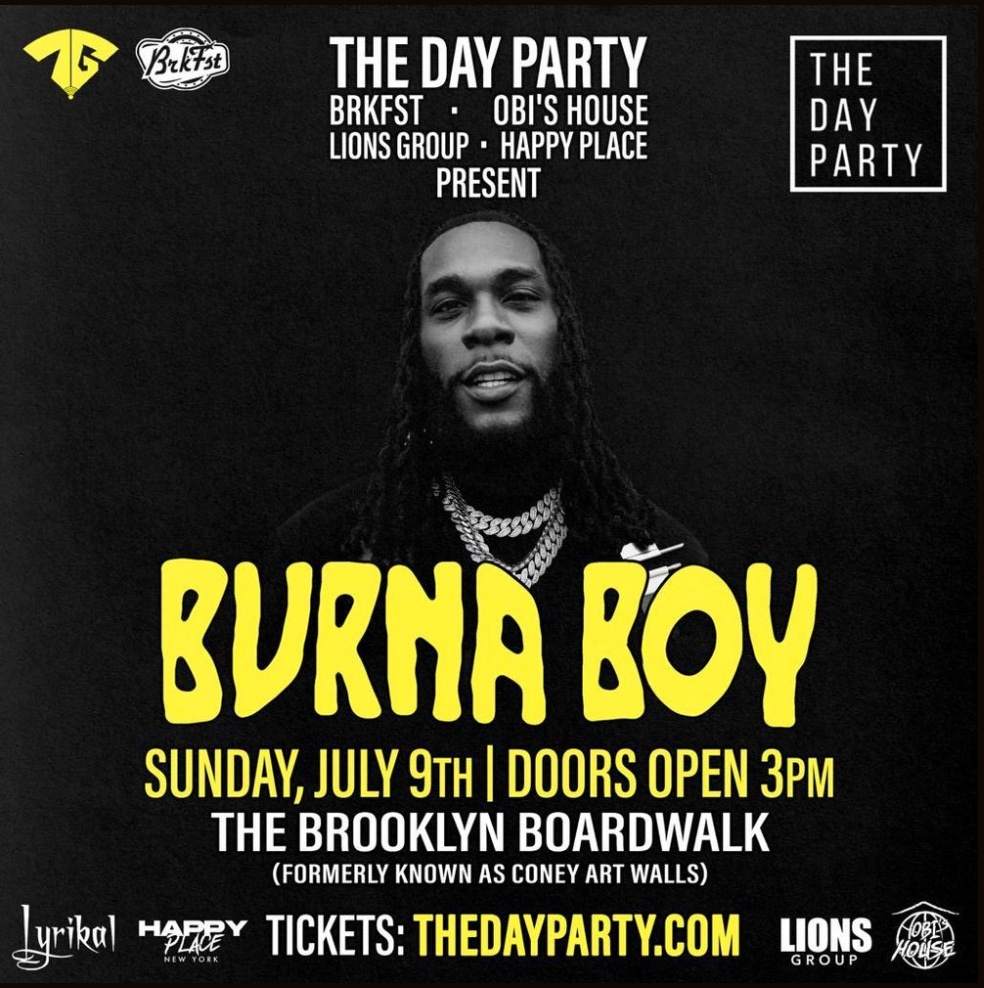 Burna Boy Joins The Day Party July 9th at Coney Island Boardwalk, New ...