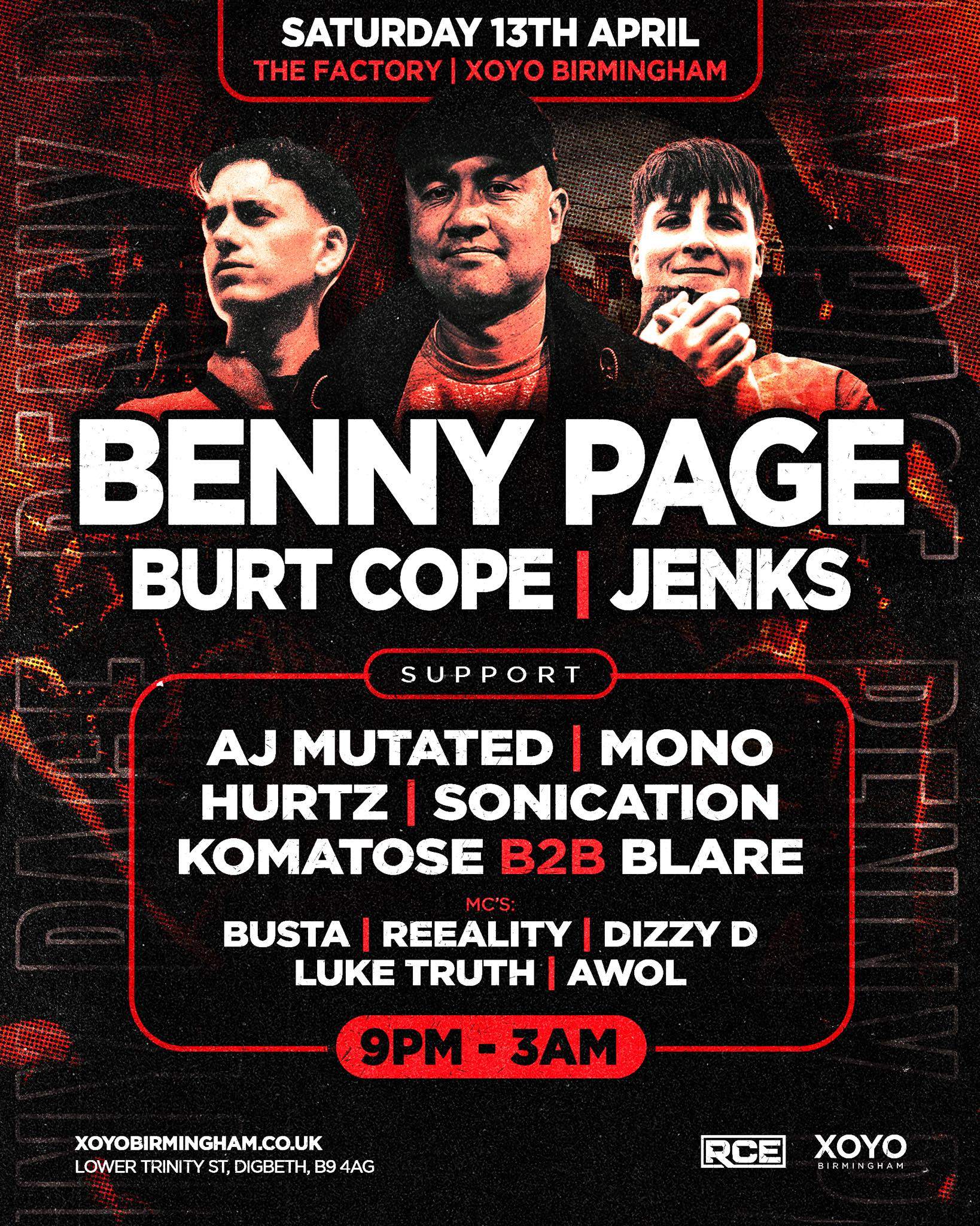 RCE presents: Benny Page, Burt Cope, JENKS at XOYO Birmingham, Birmingham