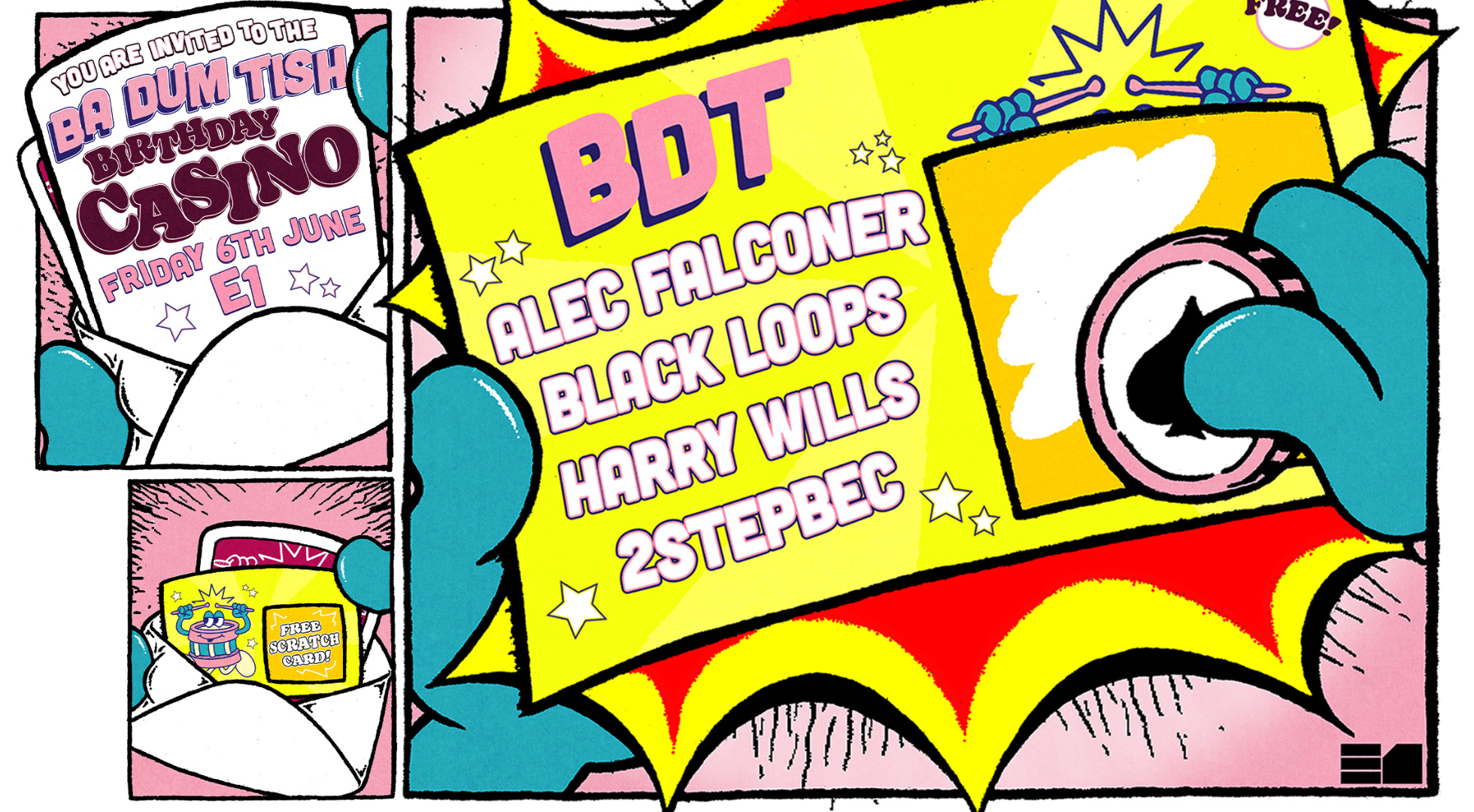 Ba Dum Tish: Alec Falconer, Black Loops, Harry Wills at E1, London