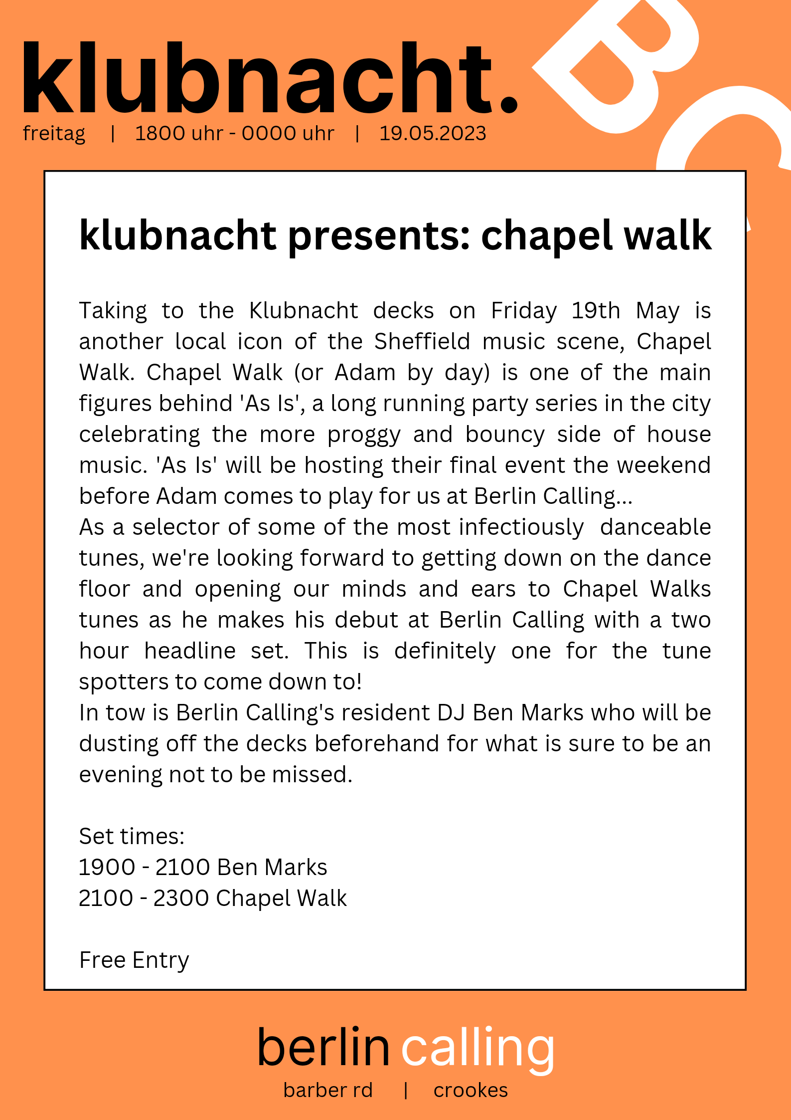 Klubnacht presents: Chapel Walk at Berlin Calling, Sheffield
