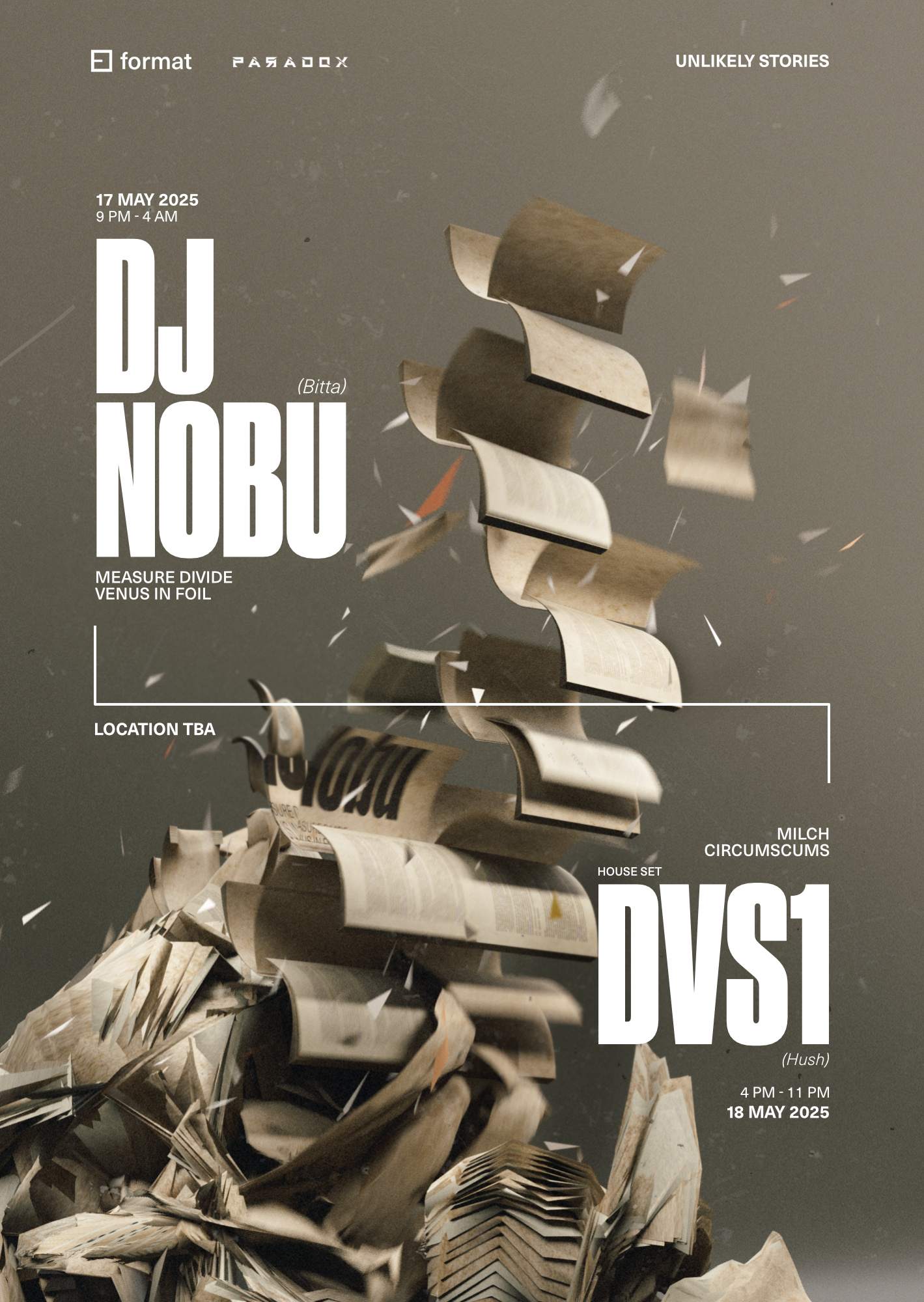 FORMAT X PARADOX: Unlikely Stories with DJ Nobu & DVS1 at TBA - Secret ...