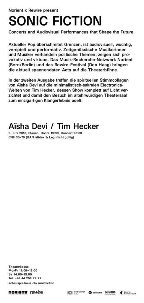 Sonic Fiction: Aïsha Devi / Tim Hecker em Schauspielhaus Zürich, Zurich