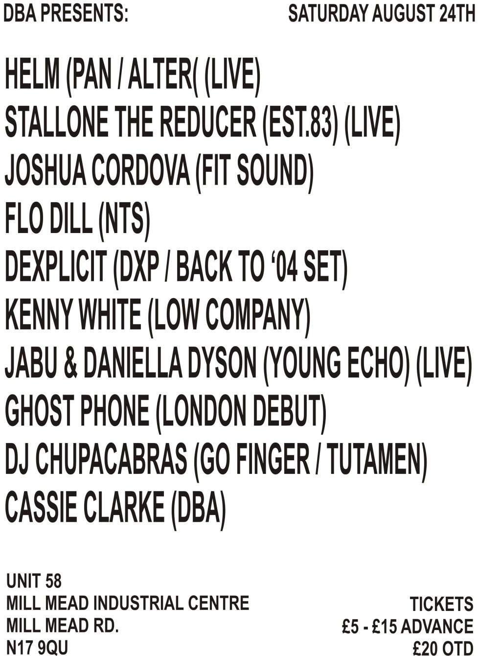 DBA presents... Helm (Live), Stallone The Reducer (Live), Flo Dill and ...