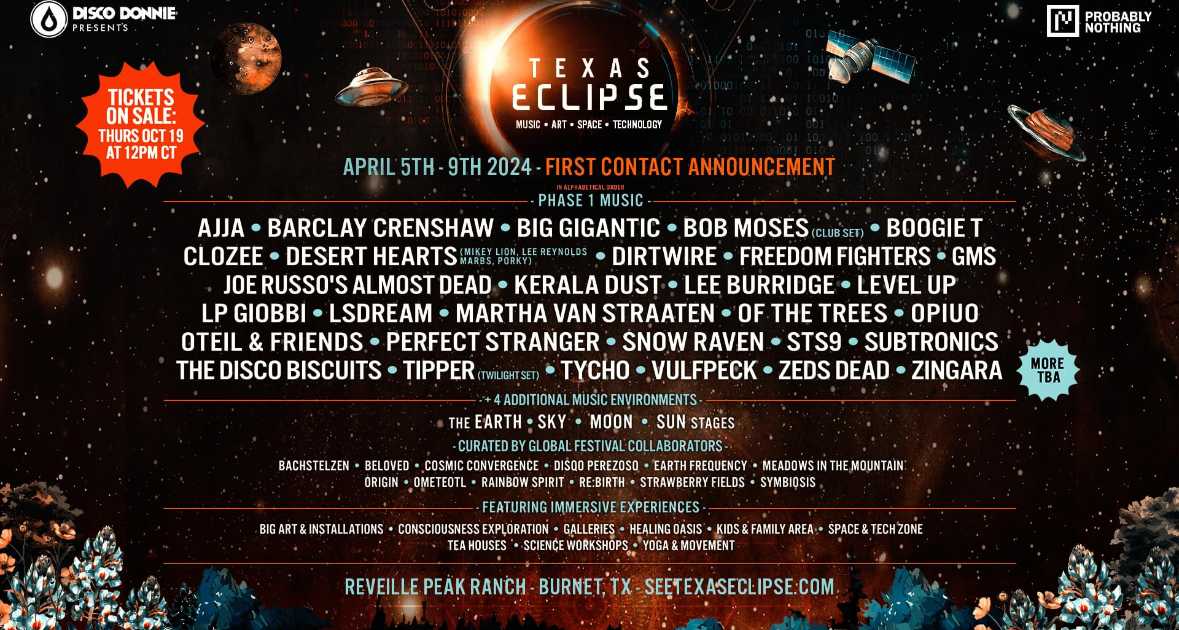 Texas Eclipse Festival 2024 Promo Code: EDMLORD at TBA - Reveille Park Ranch, Texas